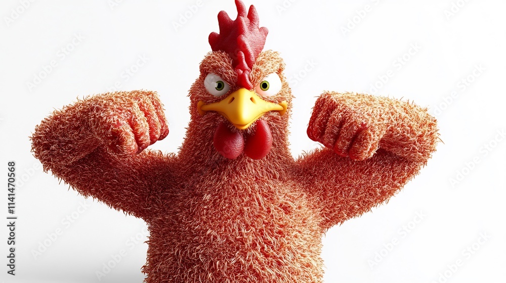 of a fierce,angry-looking chicken with strong,muscular arms flexing in ...