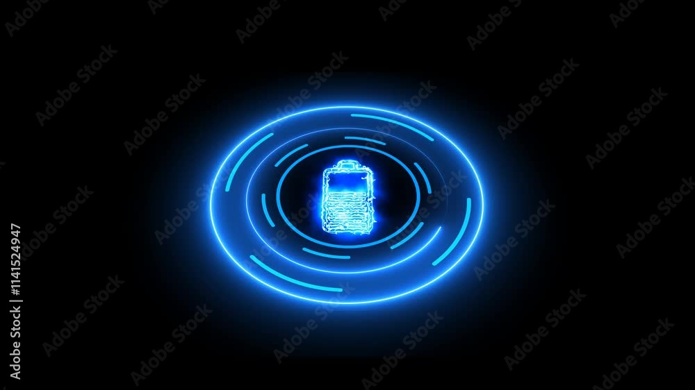 Battery icon on smartphone charging full , glowing neon space ...