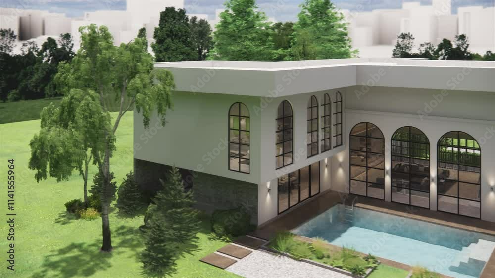 Modern house exterior with garden landscape .3D rendering model of the ...