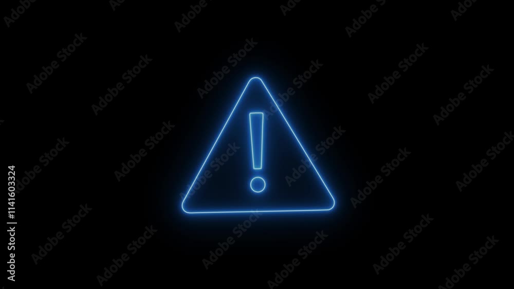 Neon warning icon, blue flicker. Glowing neon exclamation mark, looped ...