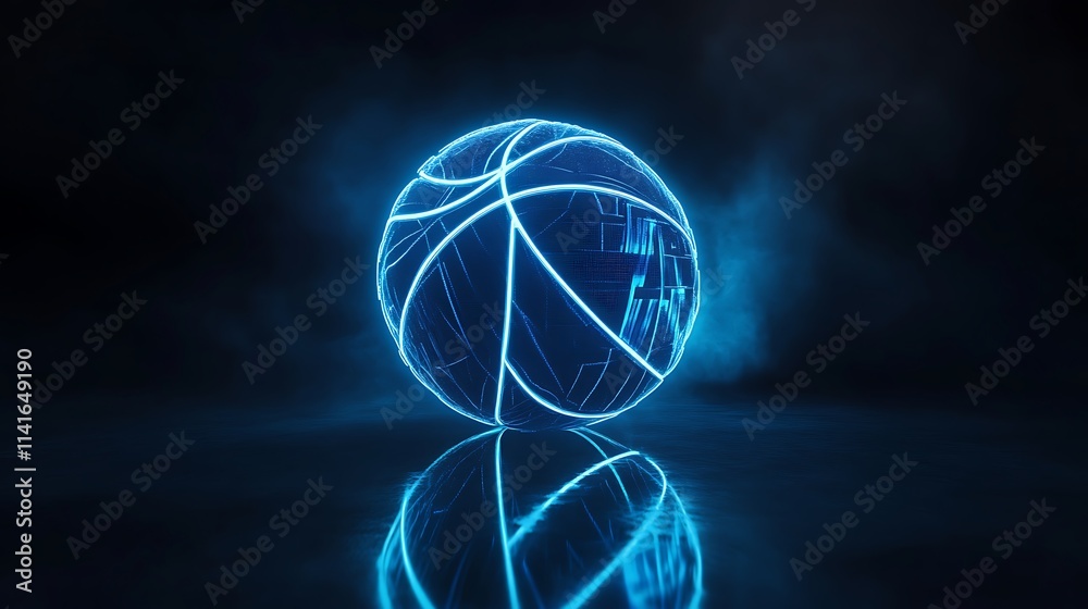 Basketball with blue neon lights around a black background dark ...