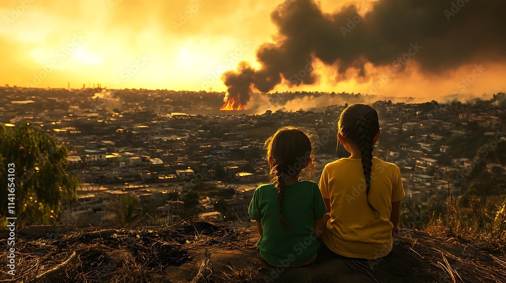 Two little kids watching their city burning and destroyed from the ...
