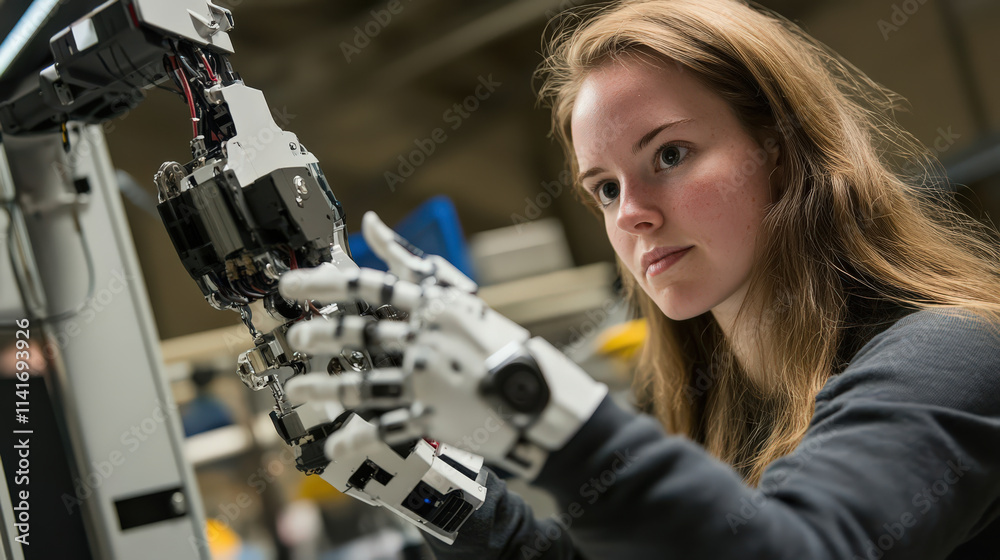 Focused young woman intently testing robotic hand advanced technology ...