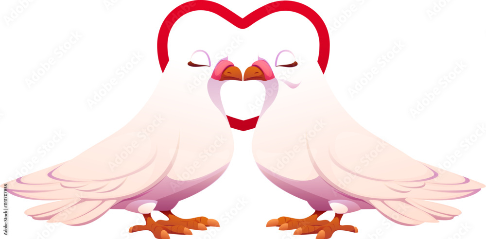 Cartoon two white doves with heart outline shape, symbolizing love ...