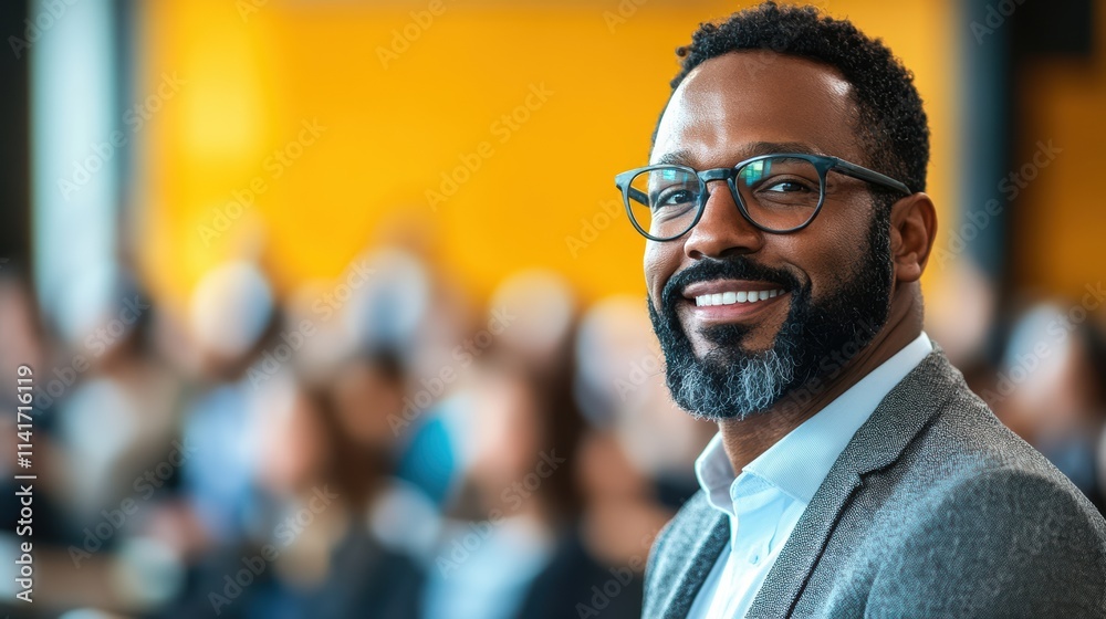 Enthusiastic speaker wearing glasses presents engaging ideas during a ...
