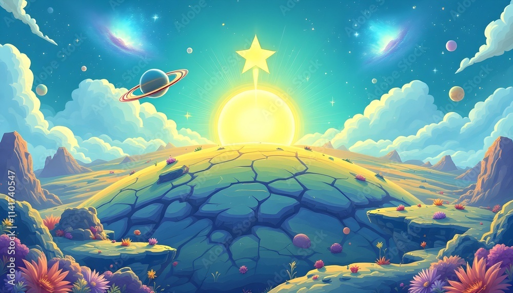 A star rising over the edge of a cratered alien planet, with rings and ...