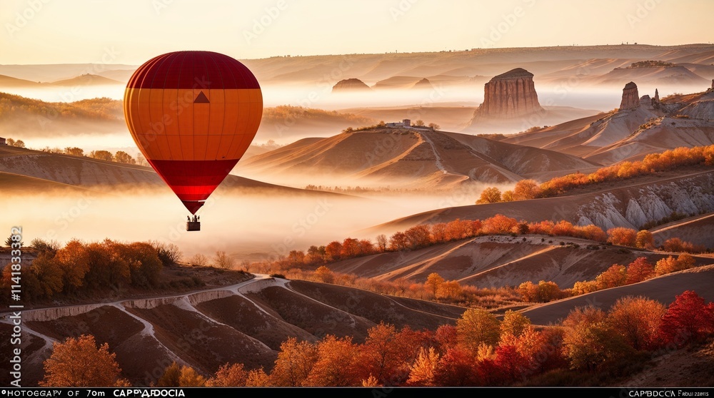 "Single Hot Air Balloon Floating Over Cappadocia Valleys, Framed by ...