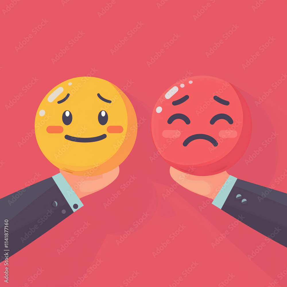 Two cartoon faces, one smiling and the other frowning, are holding two ...