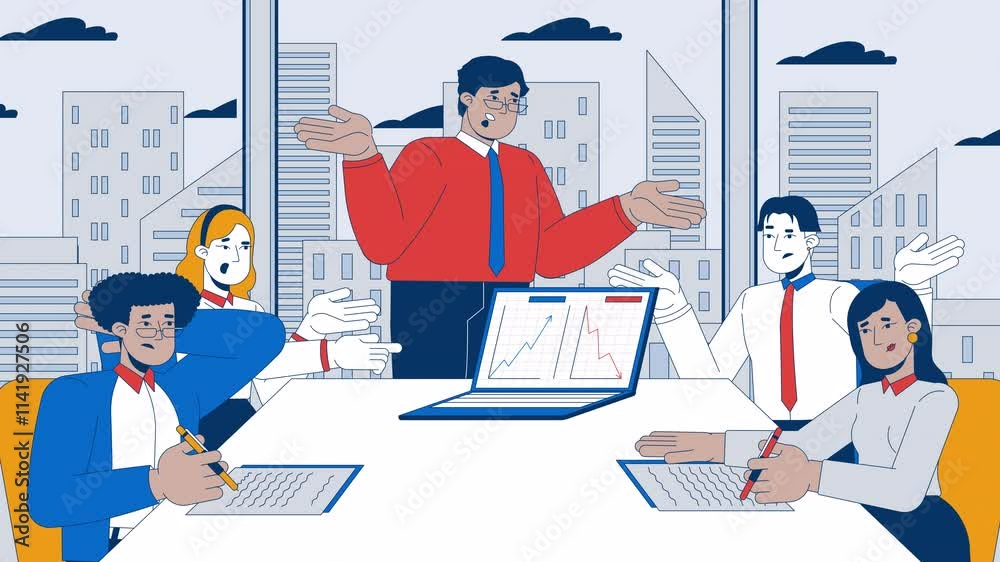 Team members conducting competitors analysis cartoon animation ...