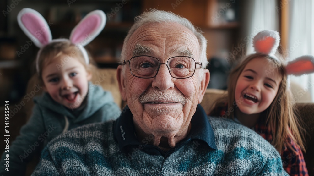 a grandpa sitting proudly for a family portrait while his mischievous ...