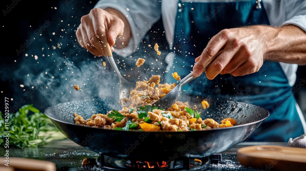 Chef tossing delicious diced meat and vegetables in a hot wok pan ...