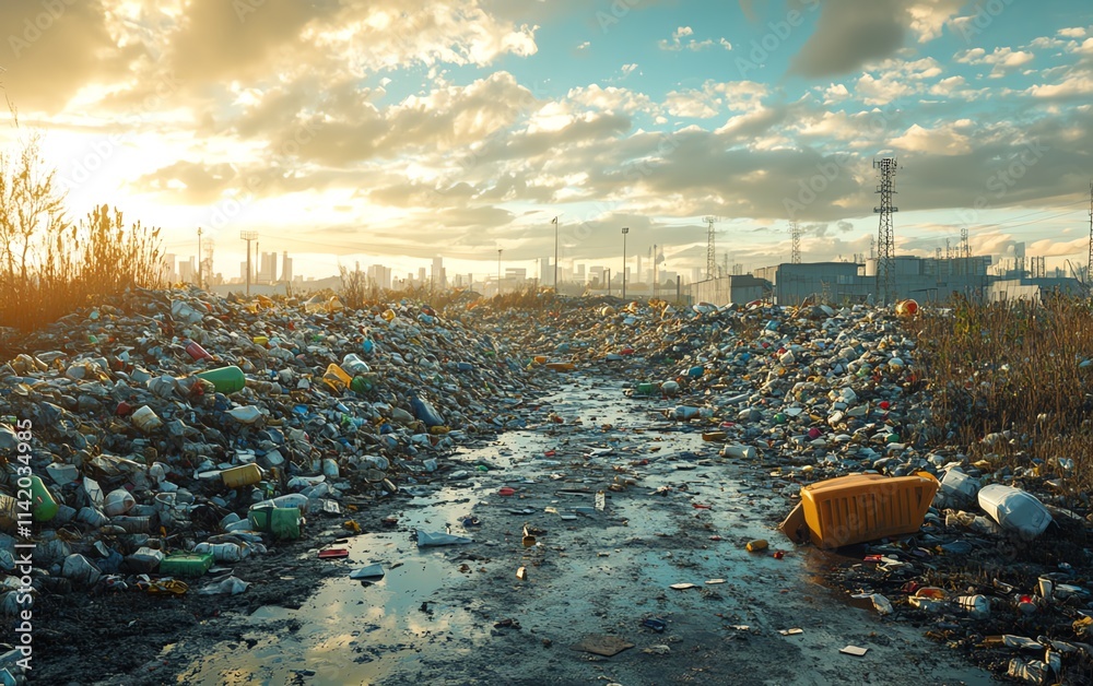 Trash dump landscape, overflowing garbage piles, plastic waste ...