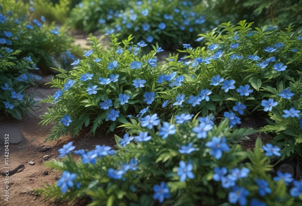 Low-growing evergreen groundcover with blue flowers and variegated ...