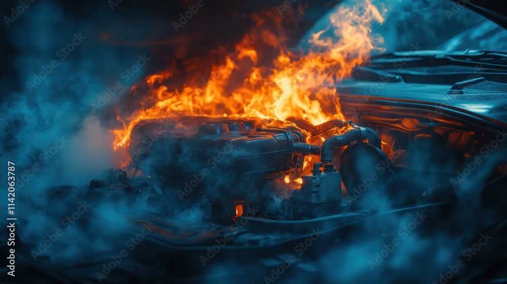 Car engine engulfed in flames with heavy smoke, emergency vehicle ...