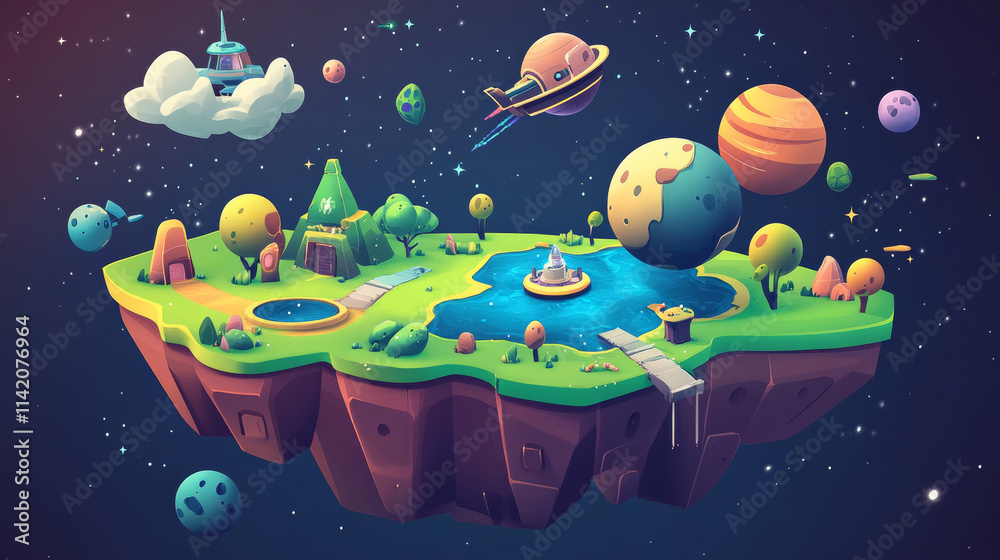 Game level map with floating islands and star rating, flying spaceship ...