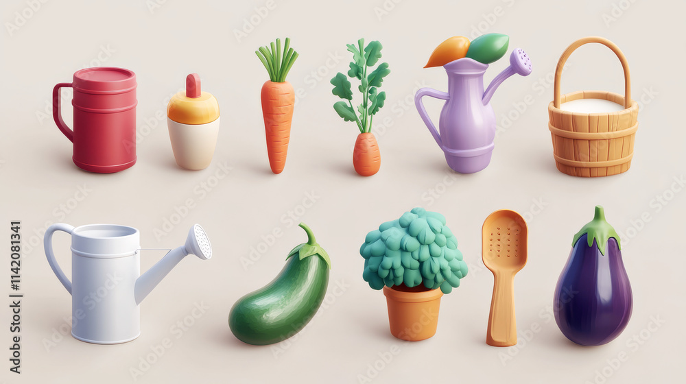 Cartoon set of farm game icons isolated on dark background. Vector ...