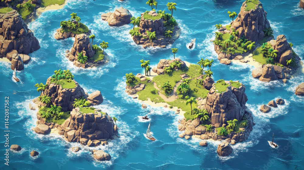 Game ui level map islands in ocean with crystals, palm trees, green grass, rocks and numbers ...