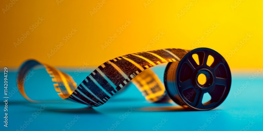 An artistic representation of a film reel with classic film strips ...