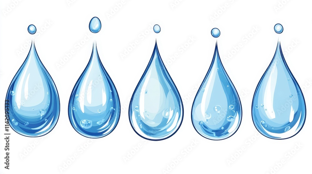 The image shows five water droplets of varying sizes and shapes, each ...
