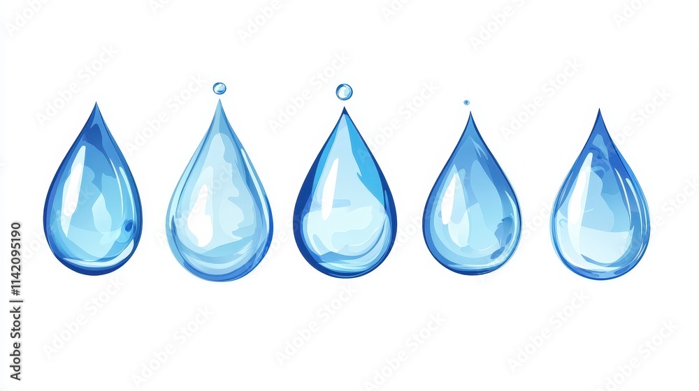 The image shows five water droplets of varying sizes and shapes, each ...