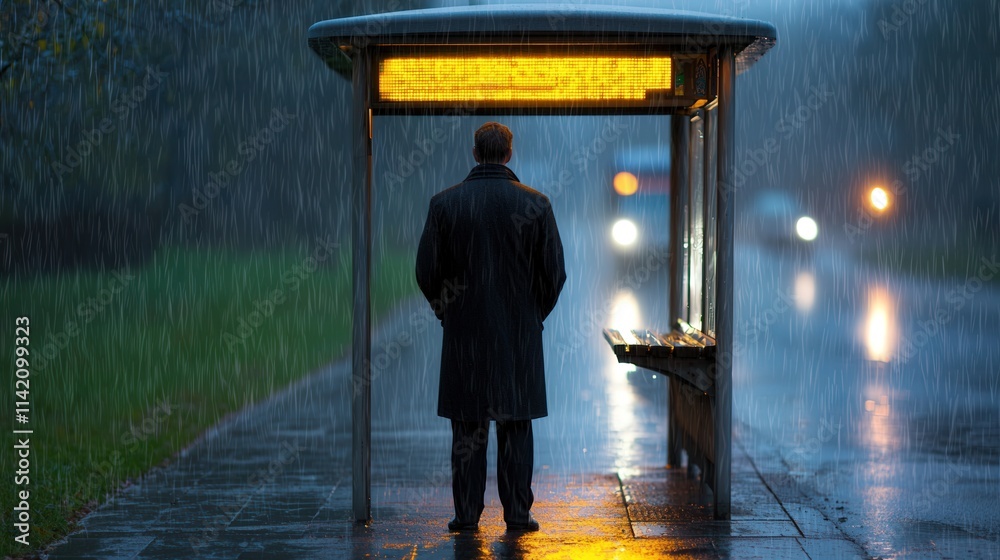 Depression and sadness diagnosis, A solitary figure stands at a bus ...