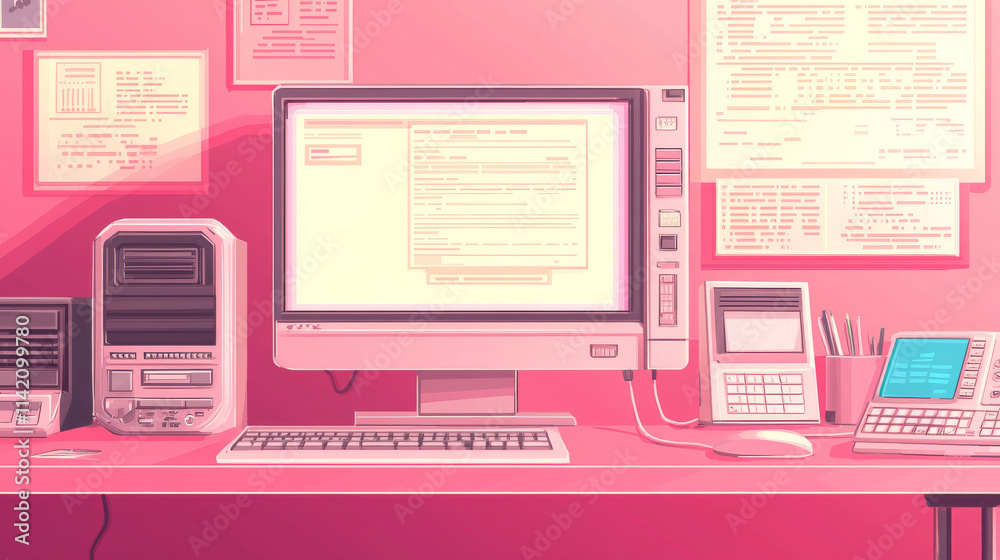 Retro computer interface, digital screen with windows, buttons, message frames. Desktop pc ...