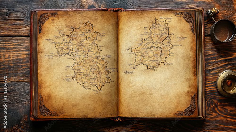 Old game paper book for magic treasure map ui cartoon. Medieval mystery ...