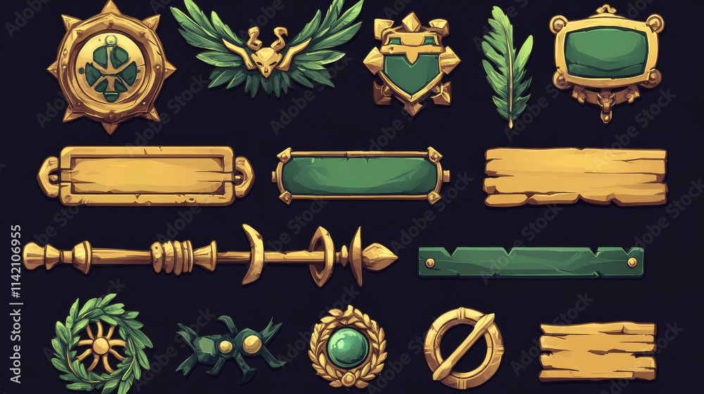Game level golden ui icons, buttons, empty badges or banners with green ...