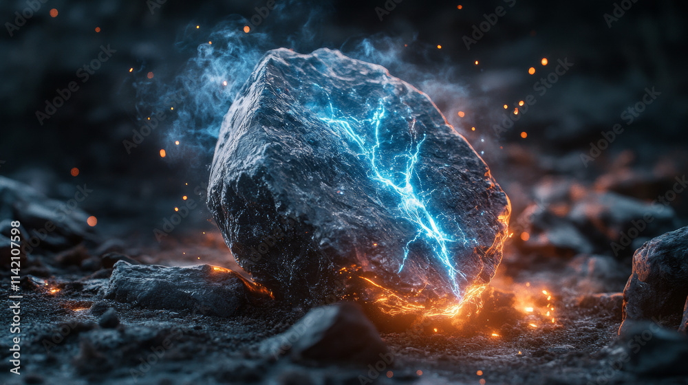 Blue cartoon rock boulder with smoke from glow crack set. Vector neon ...