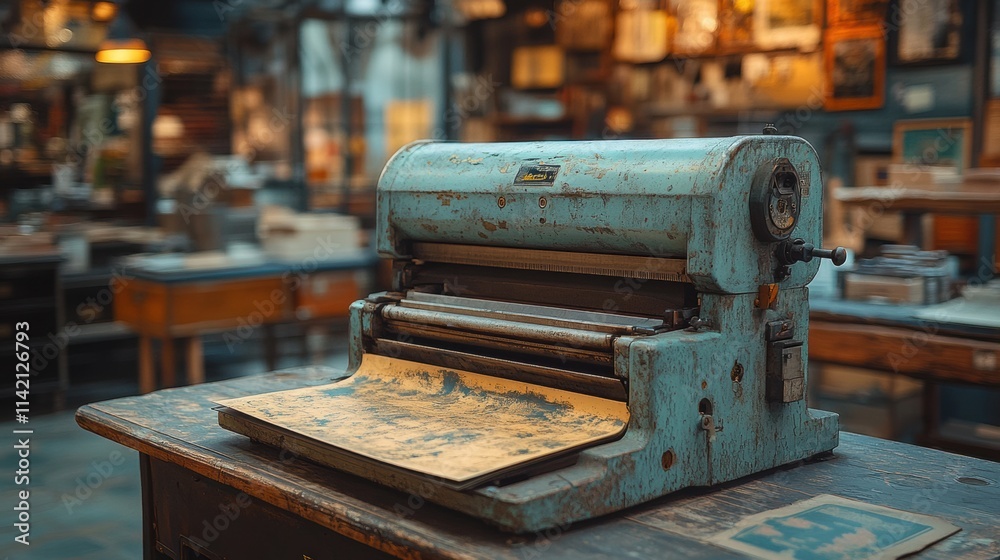 Vintage mechanical typewriter with paper roll on antique wooden desk ...