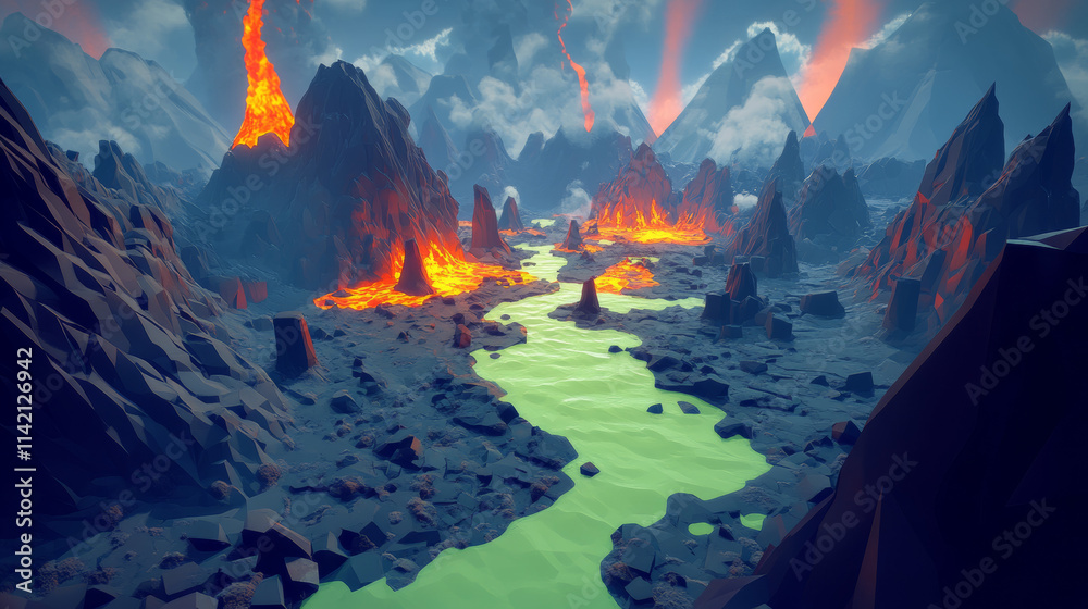 Volcano island map for game level navigation. Vector cartoon ...