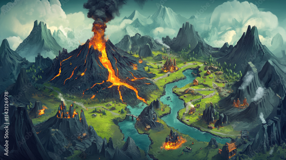 Volcano island map for game level navigation. Vector cartoon ...