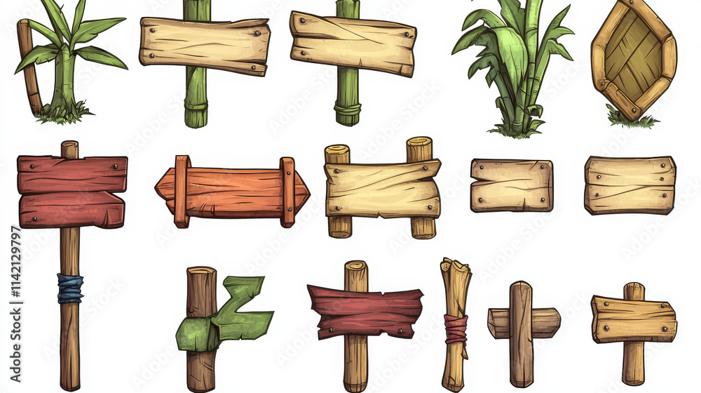 Wood pointer bamboo game ui frame vector. Direction arrow sign board on ...