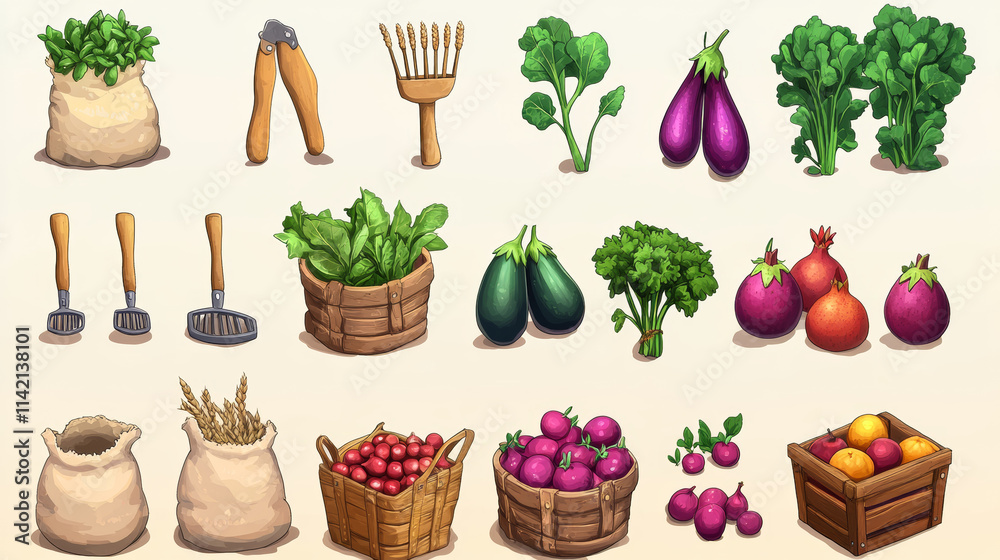 Cartoon set of farm game assets and harvest isolated on background ...