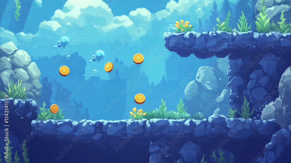 Underwater game level map with floating ground platform for jump and ...