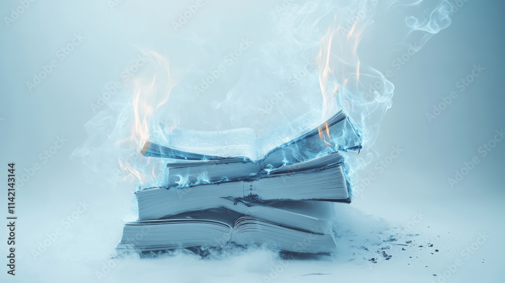 Burning white paper sheets with blue fire and black scorched edges ...