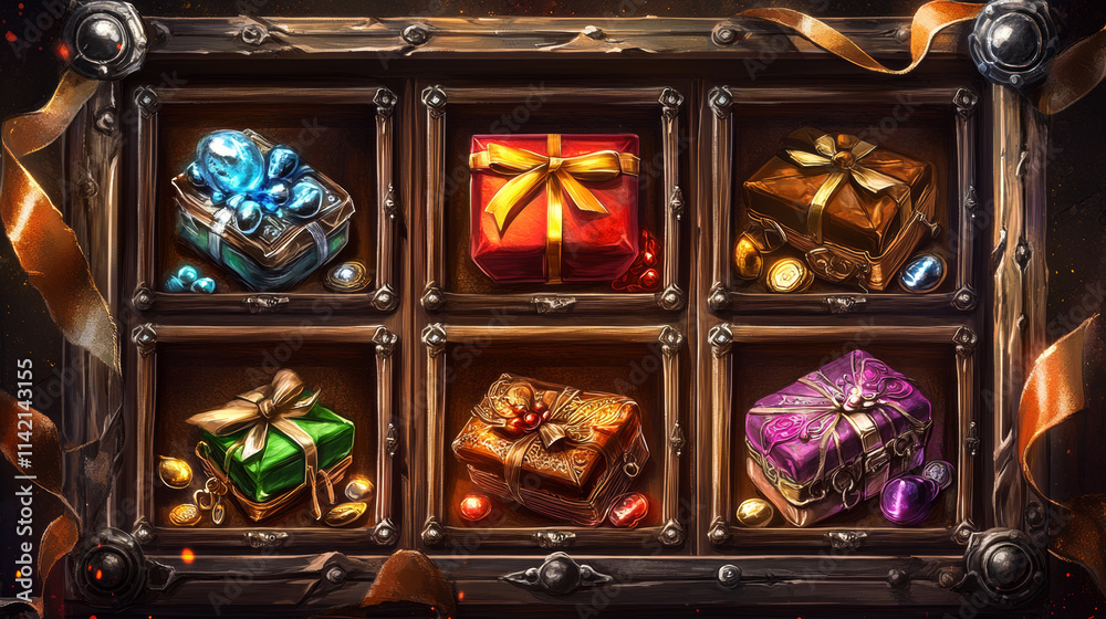 Daily reward frame with item icons for game gui design. Vector cartoon ...