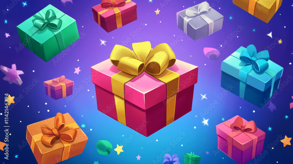 Cartoon ui mobile game ribbon gift box icon vector design. Mystery ...