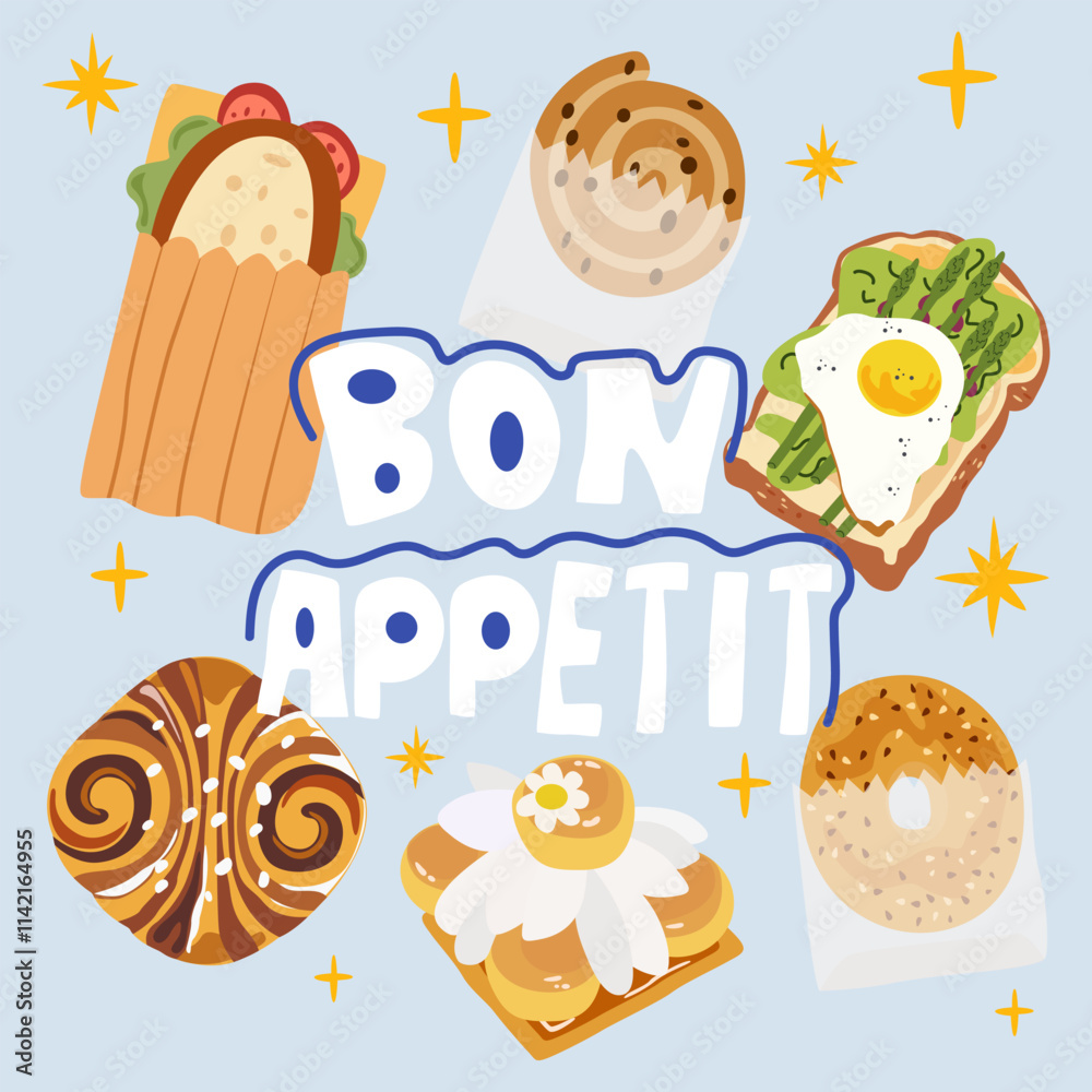 Bon appetite. French pastries for bakery menu design. Bakery food set ...