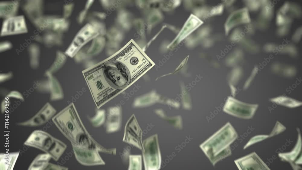 Money Rain, Close-Up Falling 100 Dollar Bills on a Gray Background ...