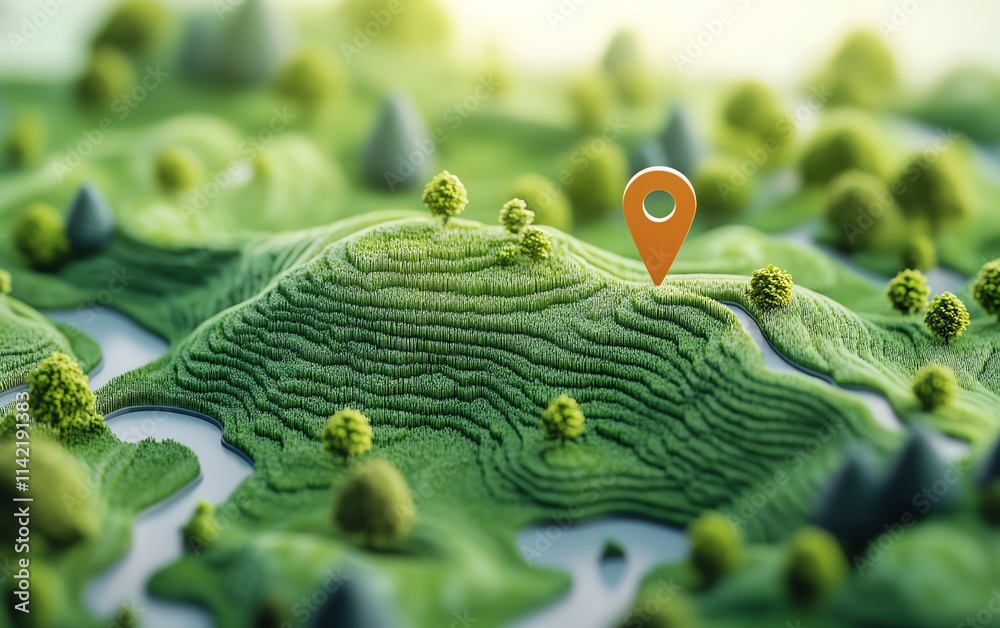 3D ground slice section of green land plot with location pin icon ...