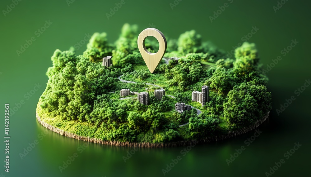 Green land plot with location pin icon, 3D ground slice section, estate ...