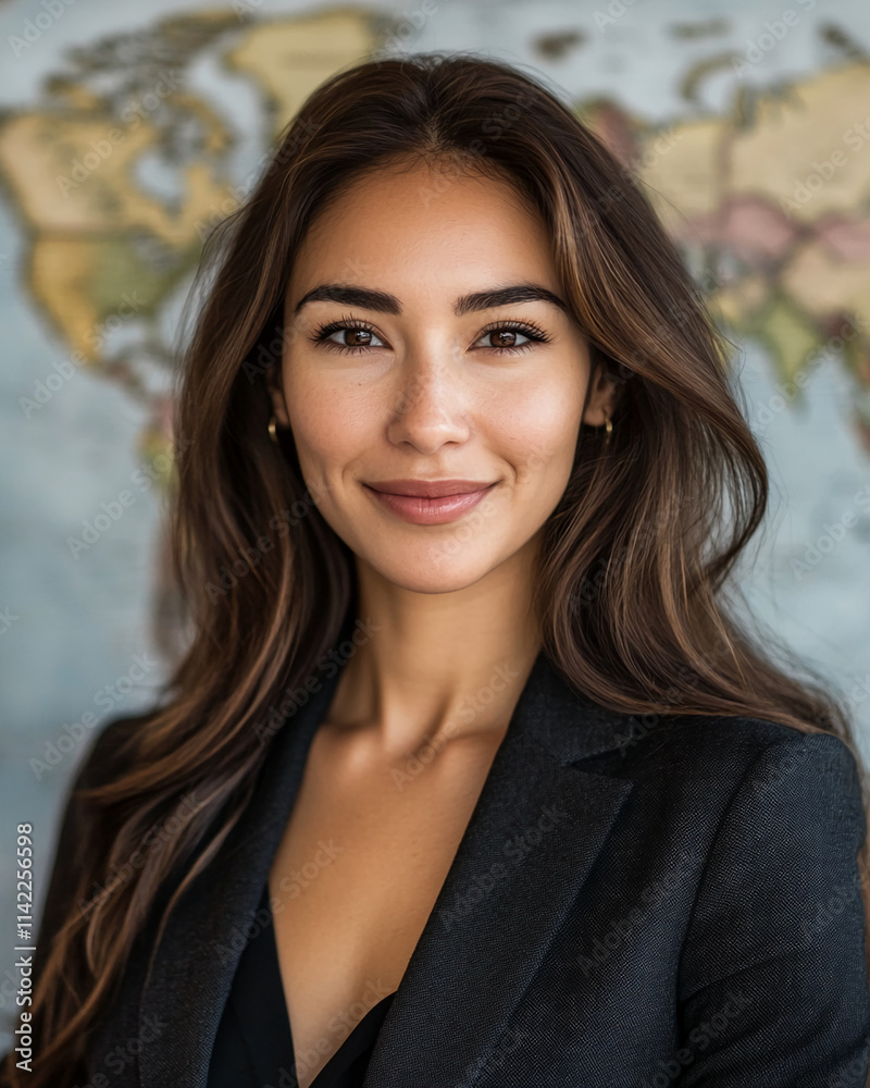 Confident businesswoman with long hair poses in front of world map ...