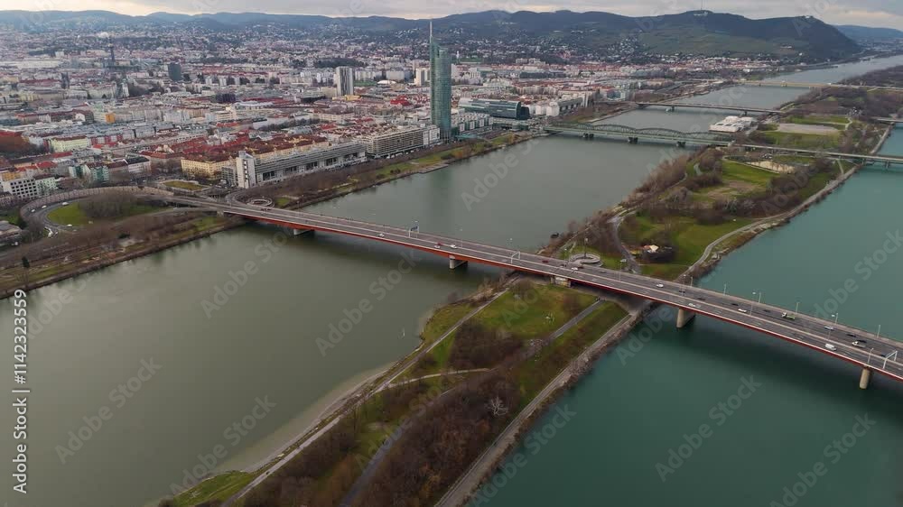 Cinematic Aerial View of Vienna: Danube River, Iconic Bridges, and ...