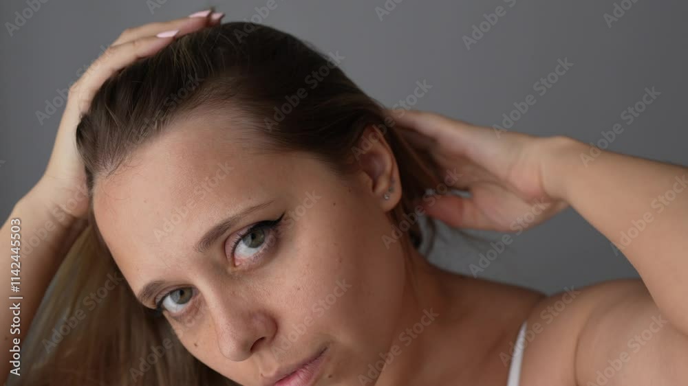 A young blonde woman showing receding hairline on her forehead and ...