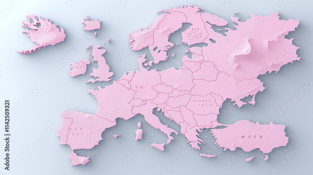 pink map of Europe is displayed against light gray background ...