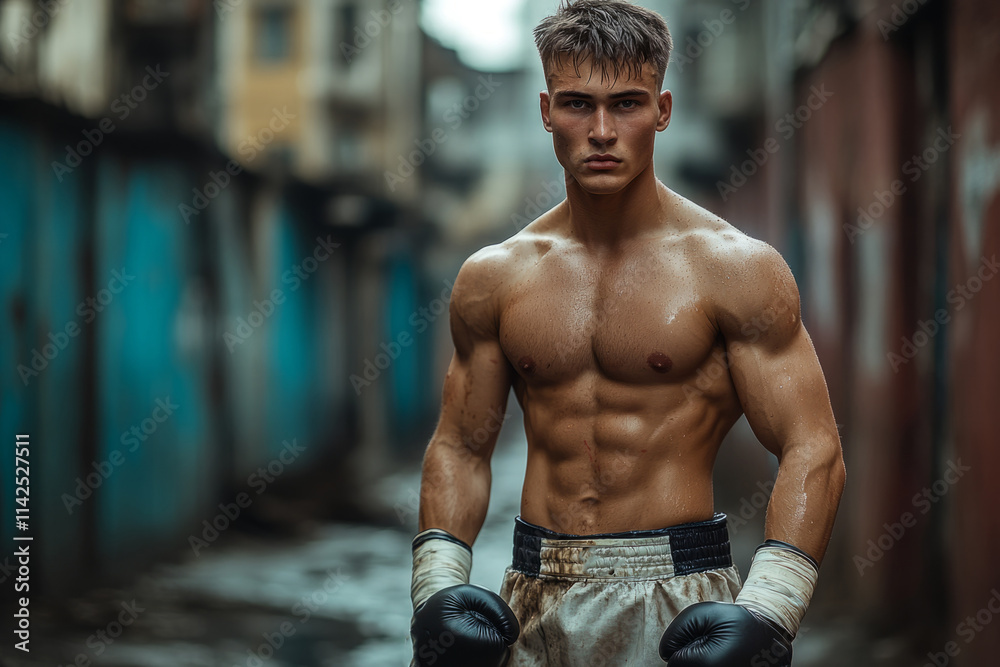 Muscular boxer stands in an alley after a fight, his body covered in ...