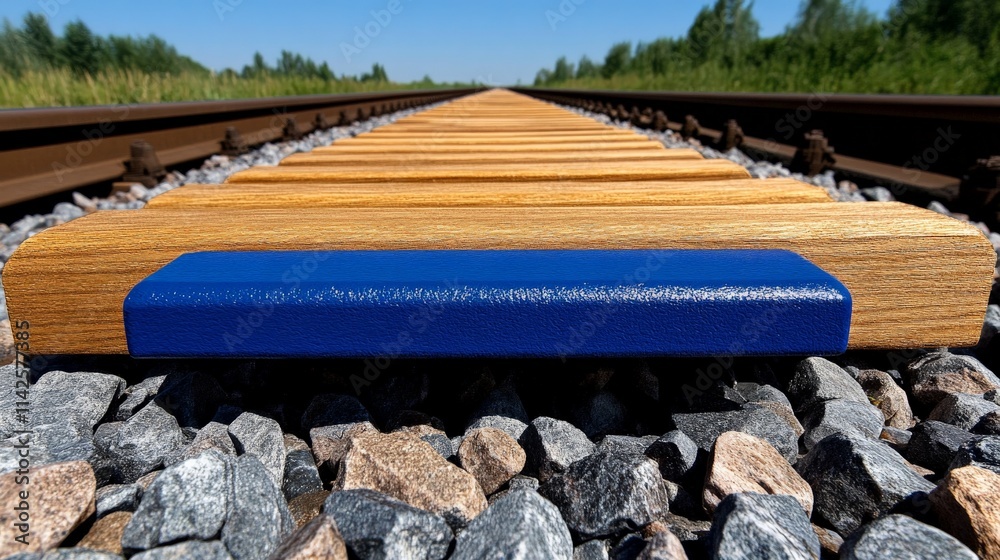 Blue Railway Crossing: A closeup shot of a blue railway crossing with ...