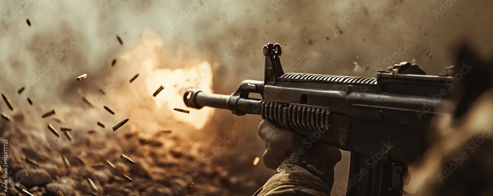 Fotografia Soldier firing assault rifle with bullets flying and muzzle ...