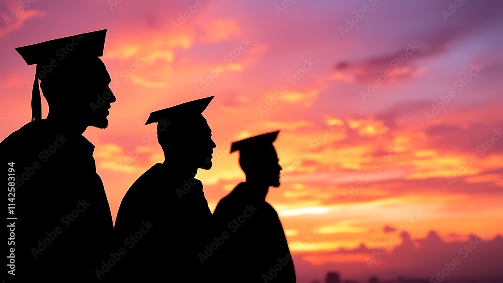 Silhouettes of students with graduate caps in a row on panoramic sunset ...